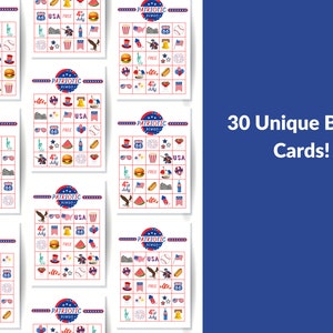 Patriotic Bingo Cards, 4th of July Bingo, 30 Printable 5 X 7 Bingo ...