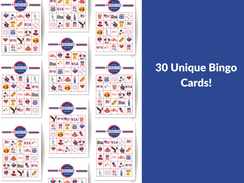 Patriotic Bingo Cards, 4th of July Bingo, 30 Printable 5 X 7 Bingo ...