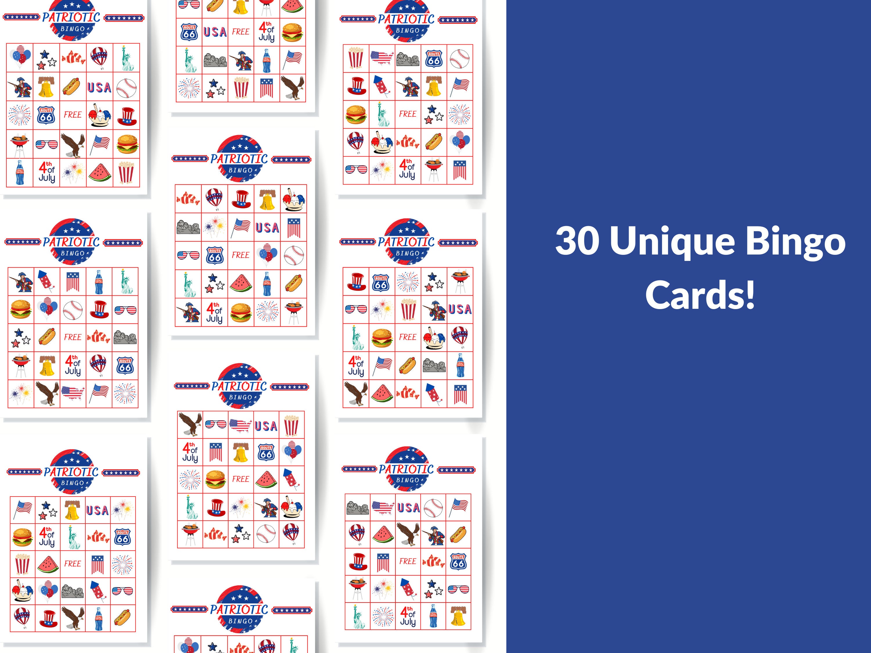 Patriotic Bingo Cards, 4th of July Bingo, 30 Printable 5 X 7 Bingo ...