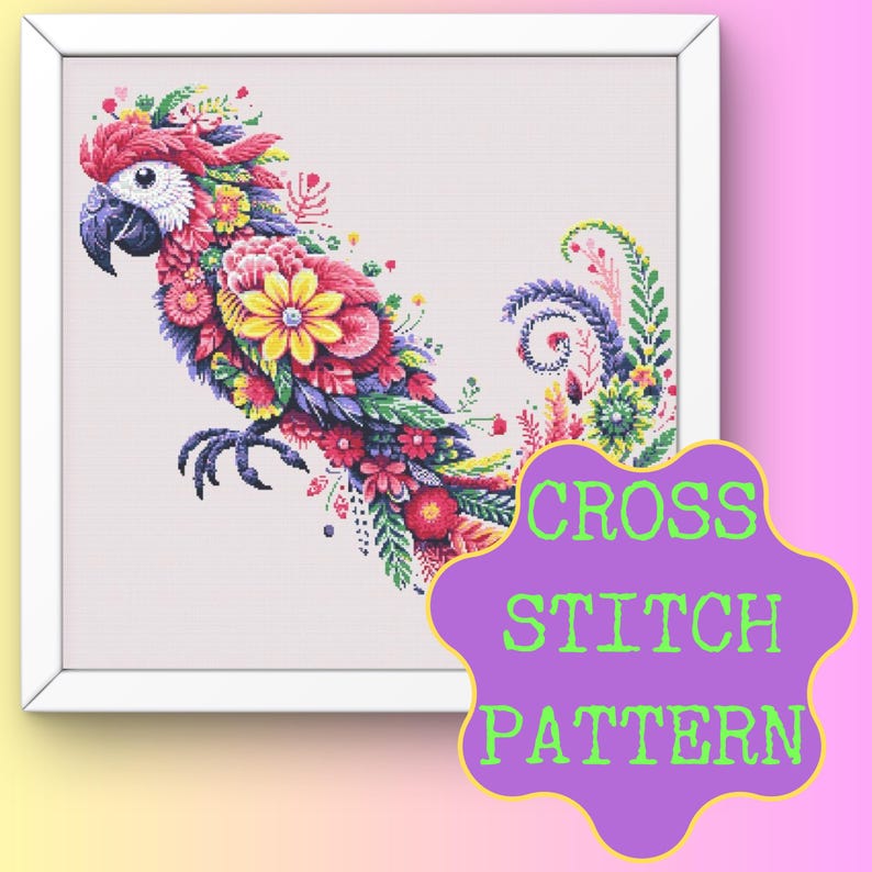 Floral Parrot Cross Stitch Pattern, Colorful Bird Embroidery PDF ...