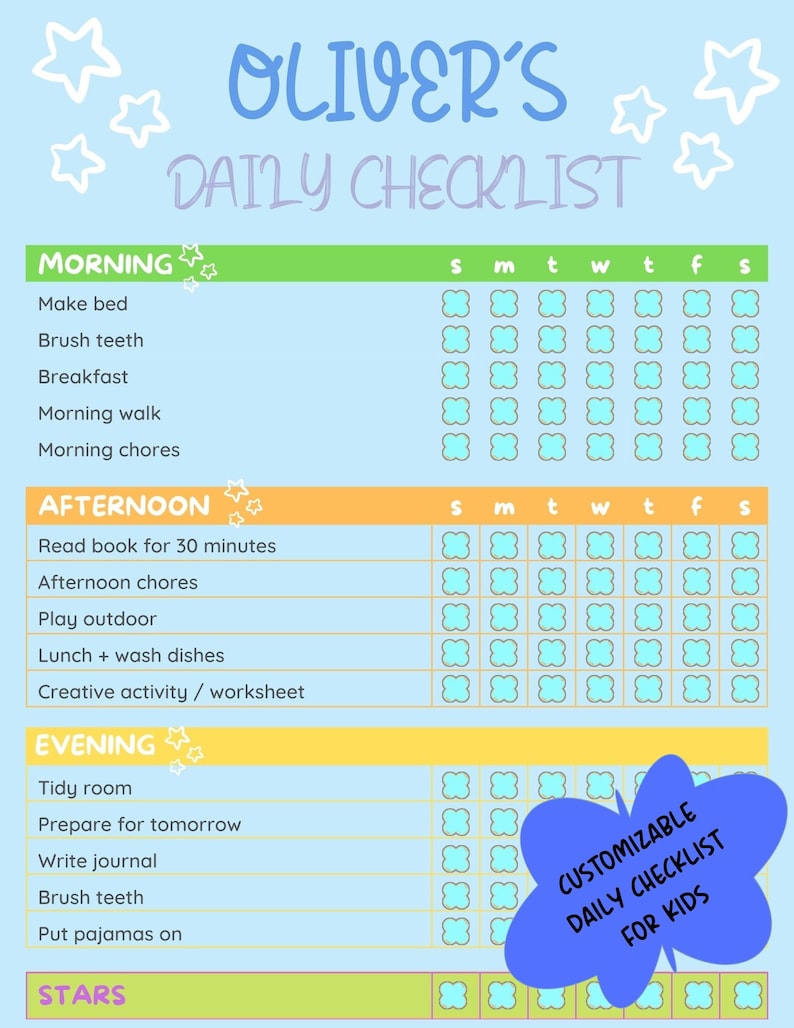 EDITABLE Customizable Daily Checklist for Kids, Printable Checklist ...