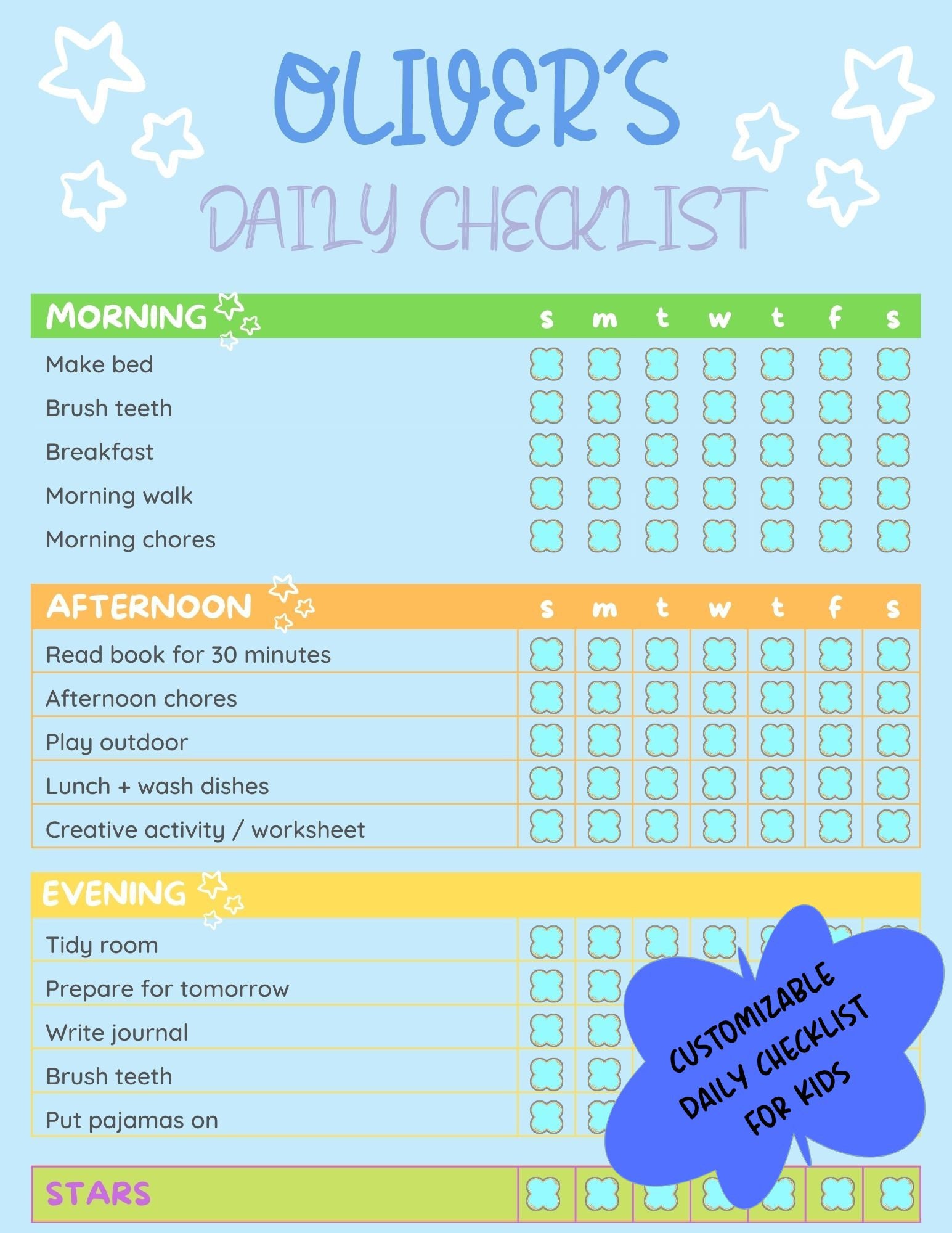 EDITABLE Customizable Daily Checklist for Kids, Printable Checklist ...