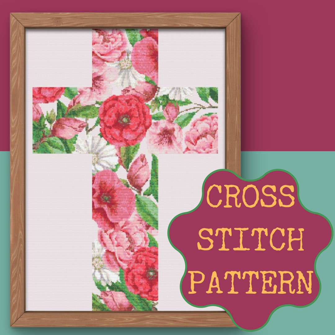 Cross Stitch Pattern - Floral Cross Design, Christian Embroidery Chart ...