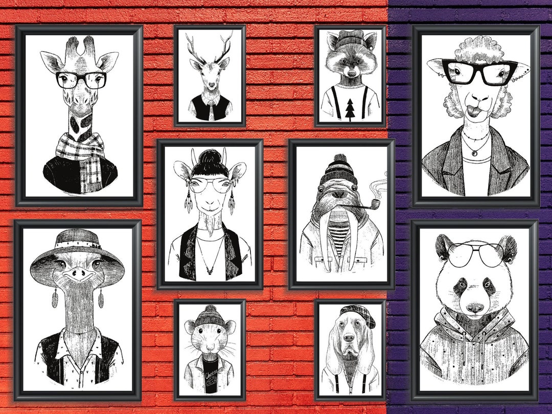 Set of 10 Black & White Animal Portrait Printable Set, Funny Animal ...