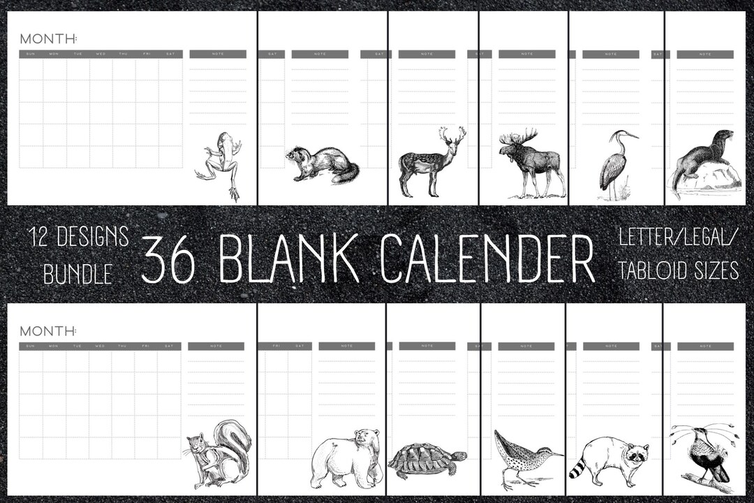 12 Designs Blank Calendar Bundle, Printable Calender, Digital Download ...