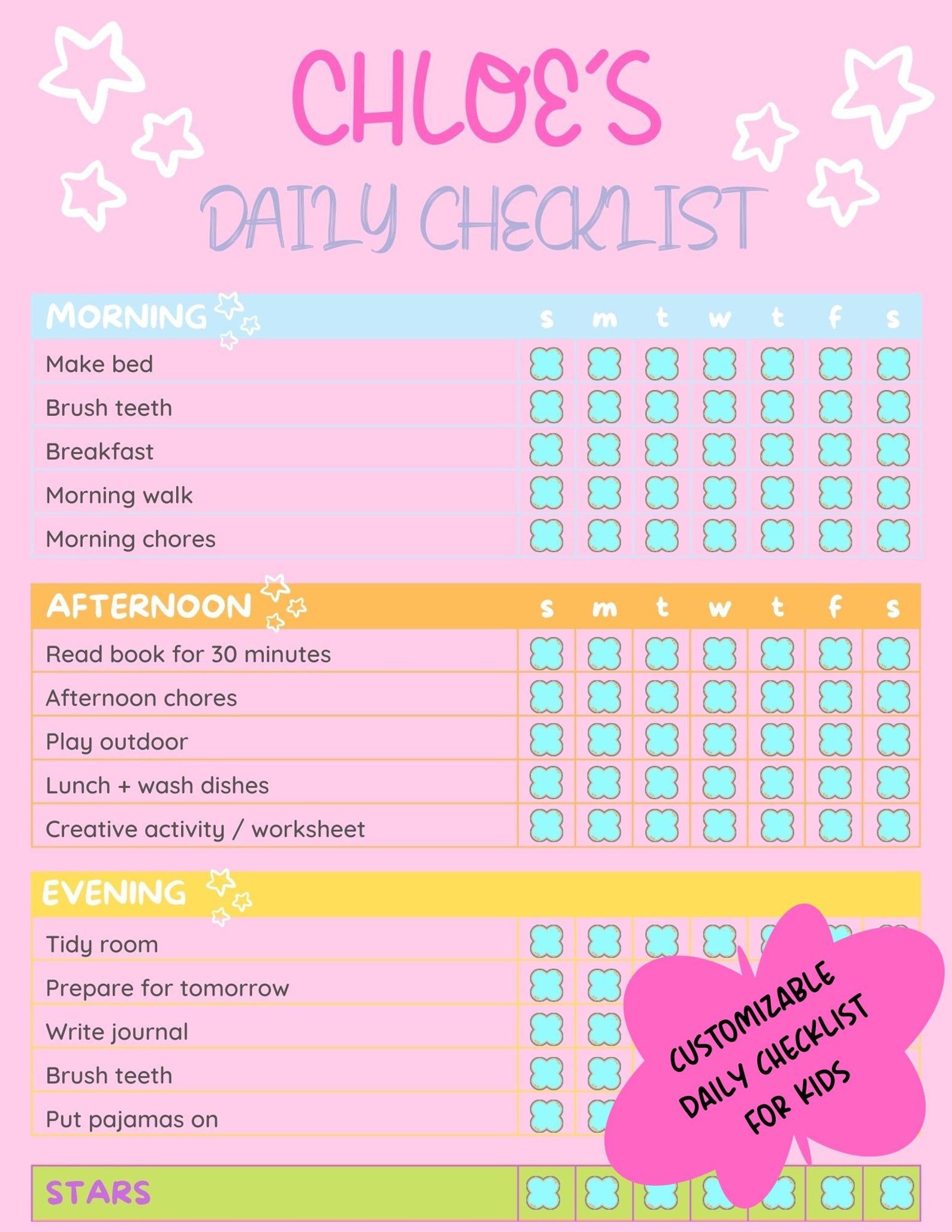 EDITABLE Customizable Daily Checklist for Kids, Printable Checklist ...