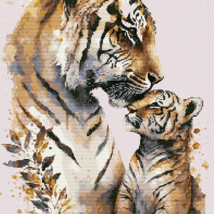 Tiger Cross Stitch Pattern - Mother and Cub Design, Watercolor Animal ...