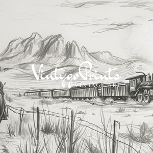 Western Cowboy Line Drawing | Rustic Southwestern Landscape Pencil Art ...