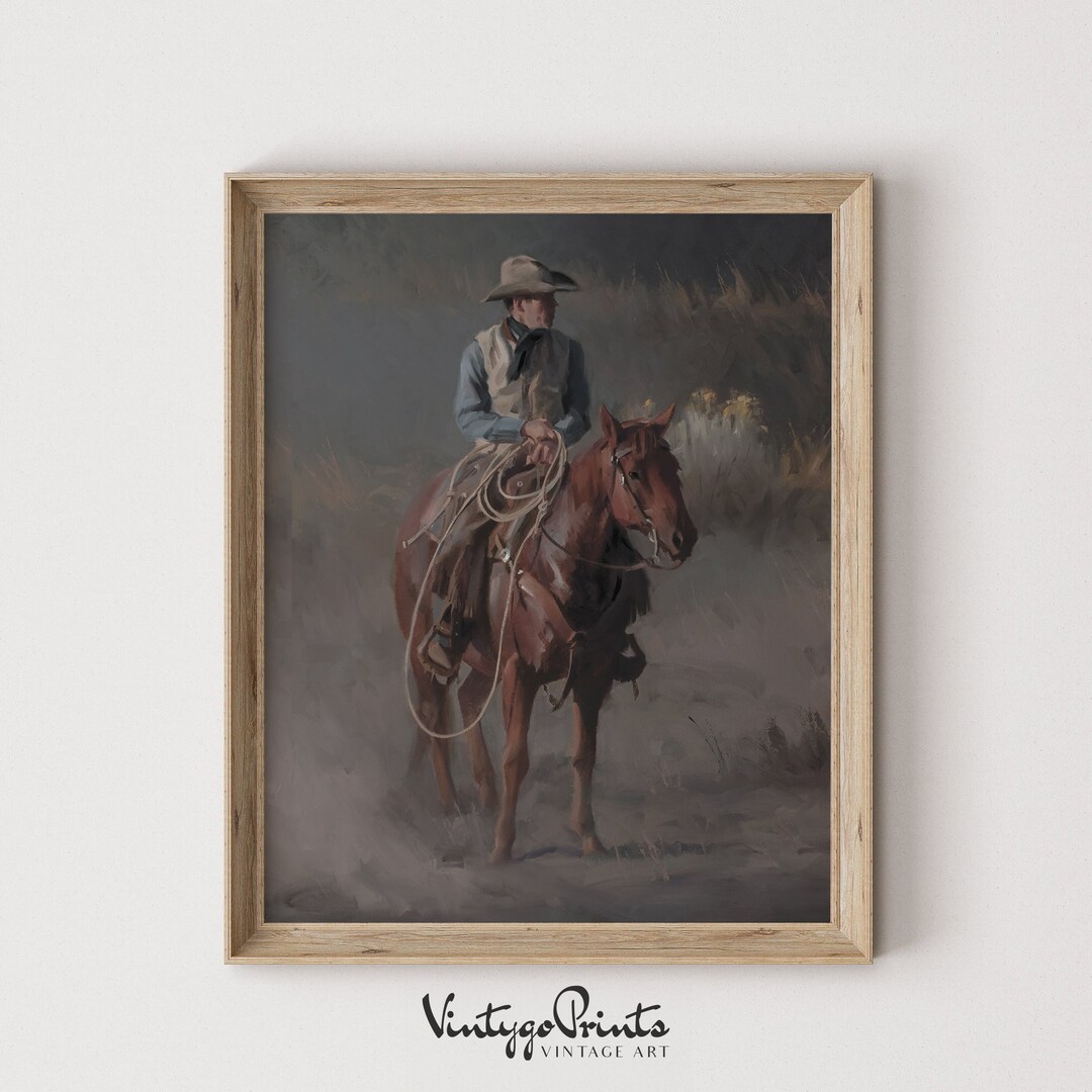 Vestern Cowboy Portrait Oil Painting | Rustic Horse Rider Vintage Art | Southwest Room Decor ...