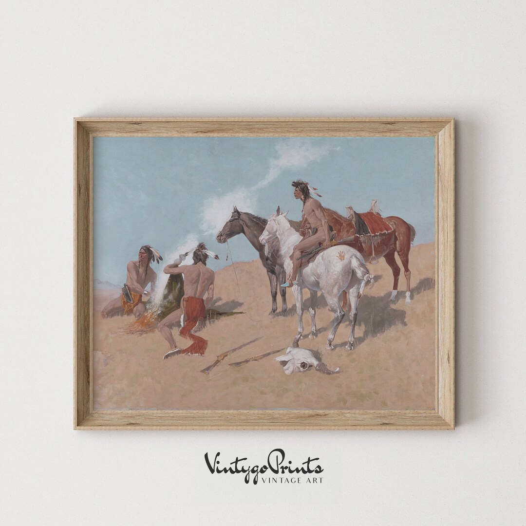 Vintage Native Americans Oil Painting | Western Theme Camp Fire Wall ...