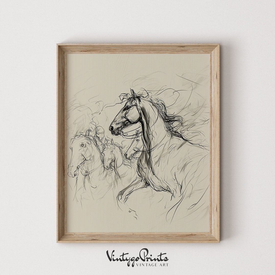 Vintage Horse Sketch Art | Old West Farm Animals Pencil Drawing ...