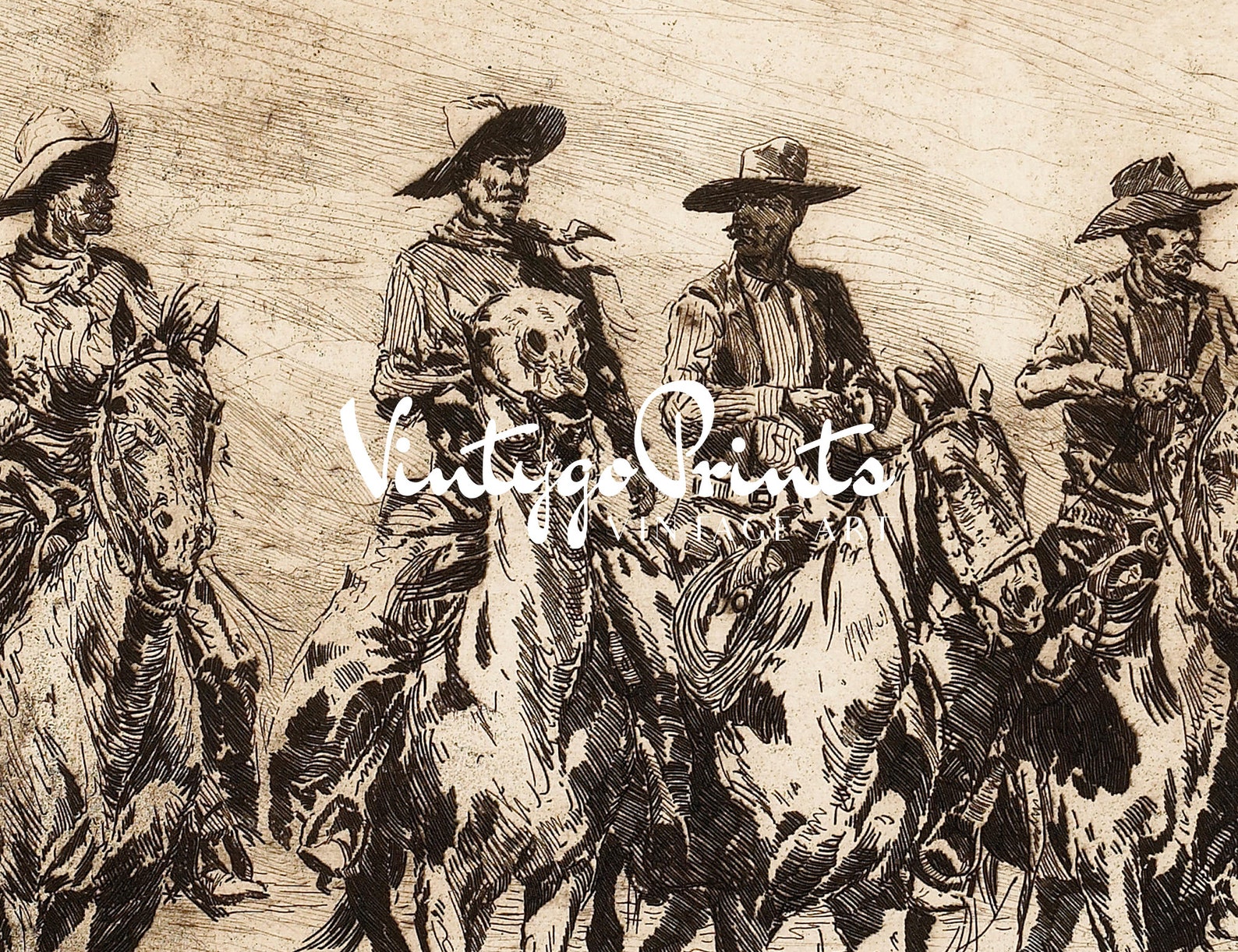 Vintage Cowboy Gang Sketch: Southwestern Horse Art (digital Download ...
