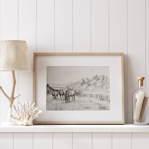 Vintage Farmhouse Sketch Drawing Art | Rustic Landscape Line Drawing ...