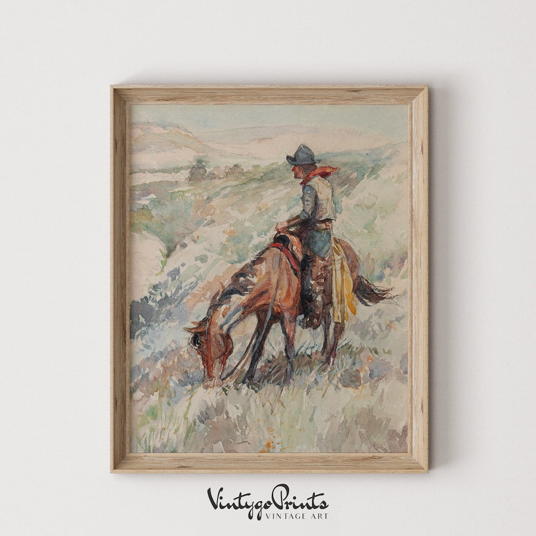 Vintage Cowboy Water Color Painting | Rural Landscape Wall Art ...