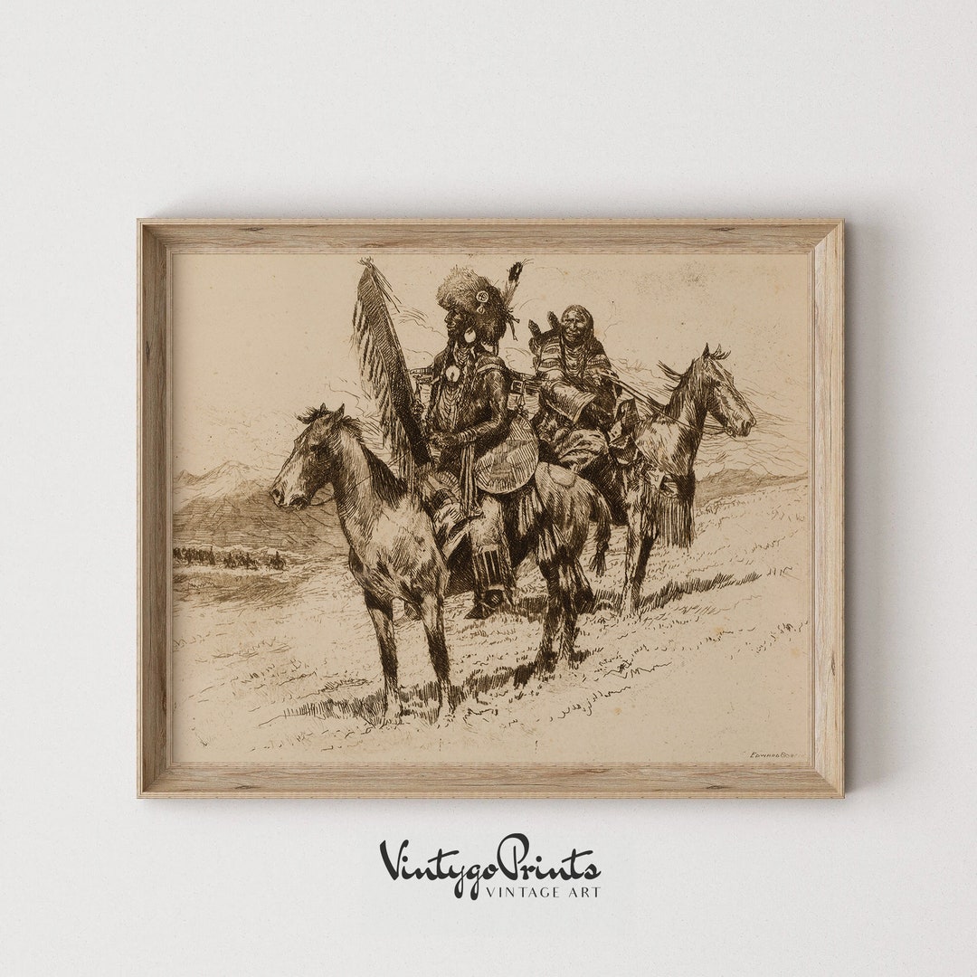 Native American Horse Riders Sketch Art Print | Vintage Western Drawing ...
