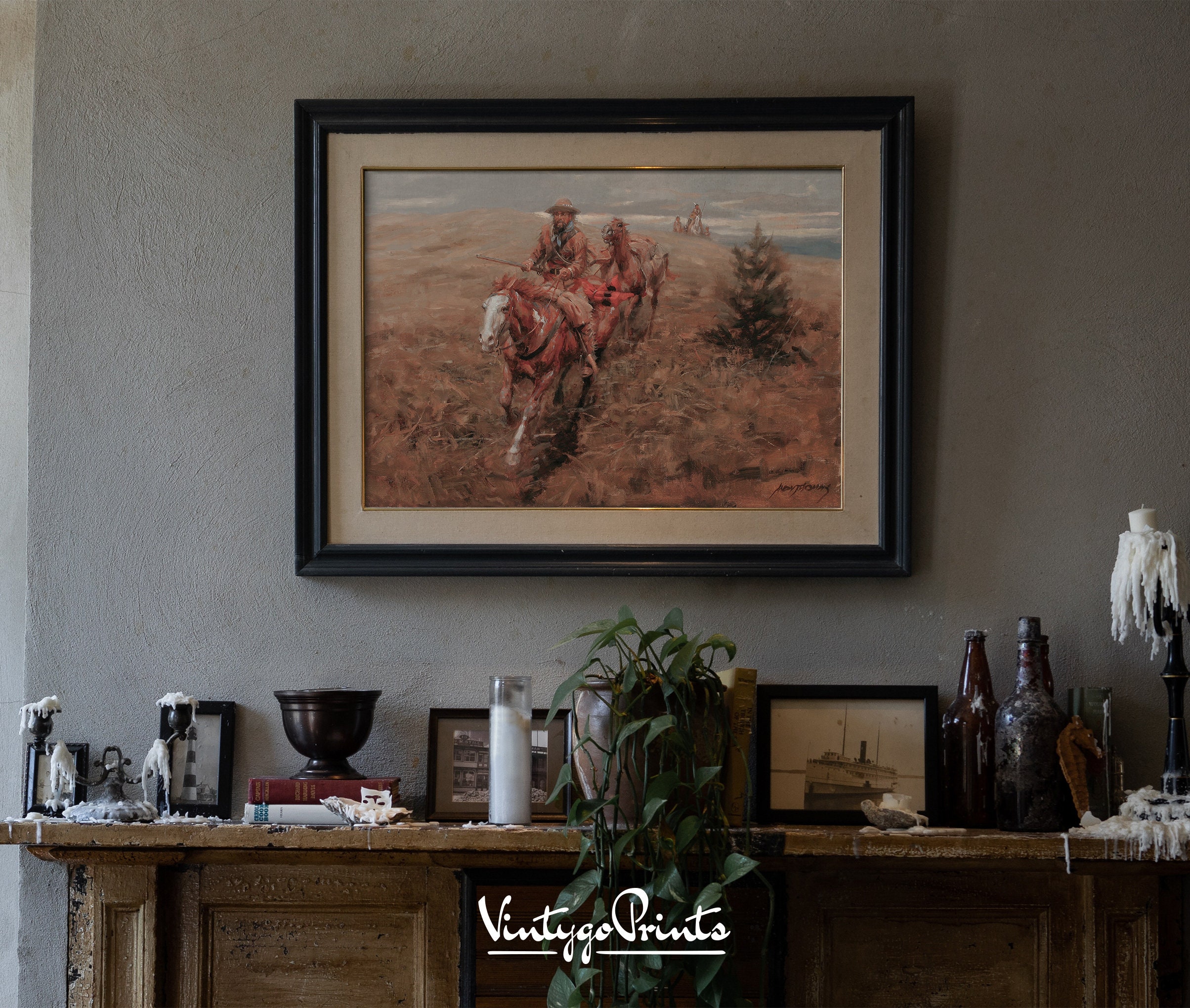 Western Cowboy Oil Painting Vintage Horse Riders Wall Art - Etsy