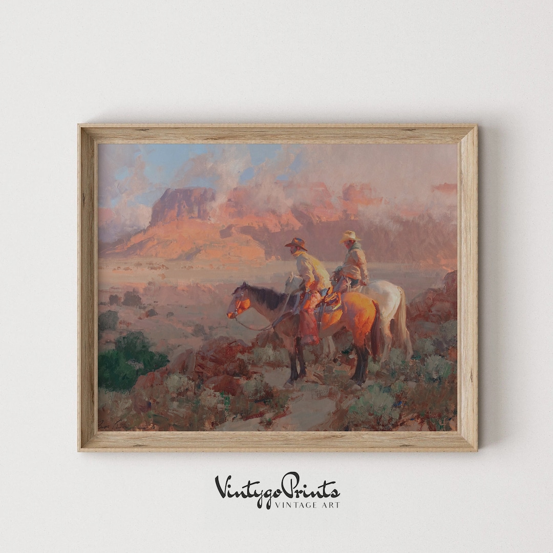 Southwest Cowboys Oil Painting Old Rocks Scenery Wall Art Horse Riders ...