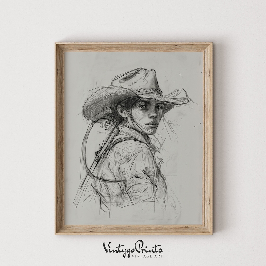 Western Cowgirl Sketch Art | Vintage Woman Pencil Drawing | Rustic Room ...
