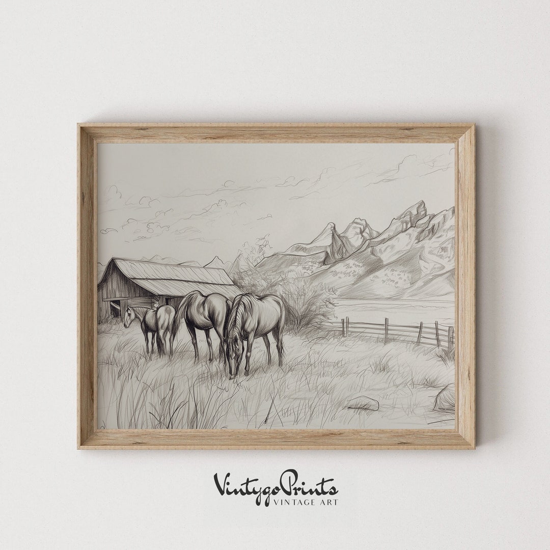 Vintage Farmhouse Sketch Drawing Art | Rustic Landscape Line Drawing ...