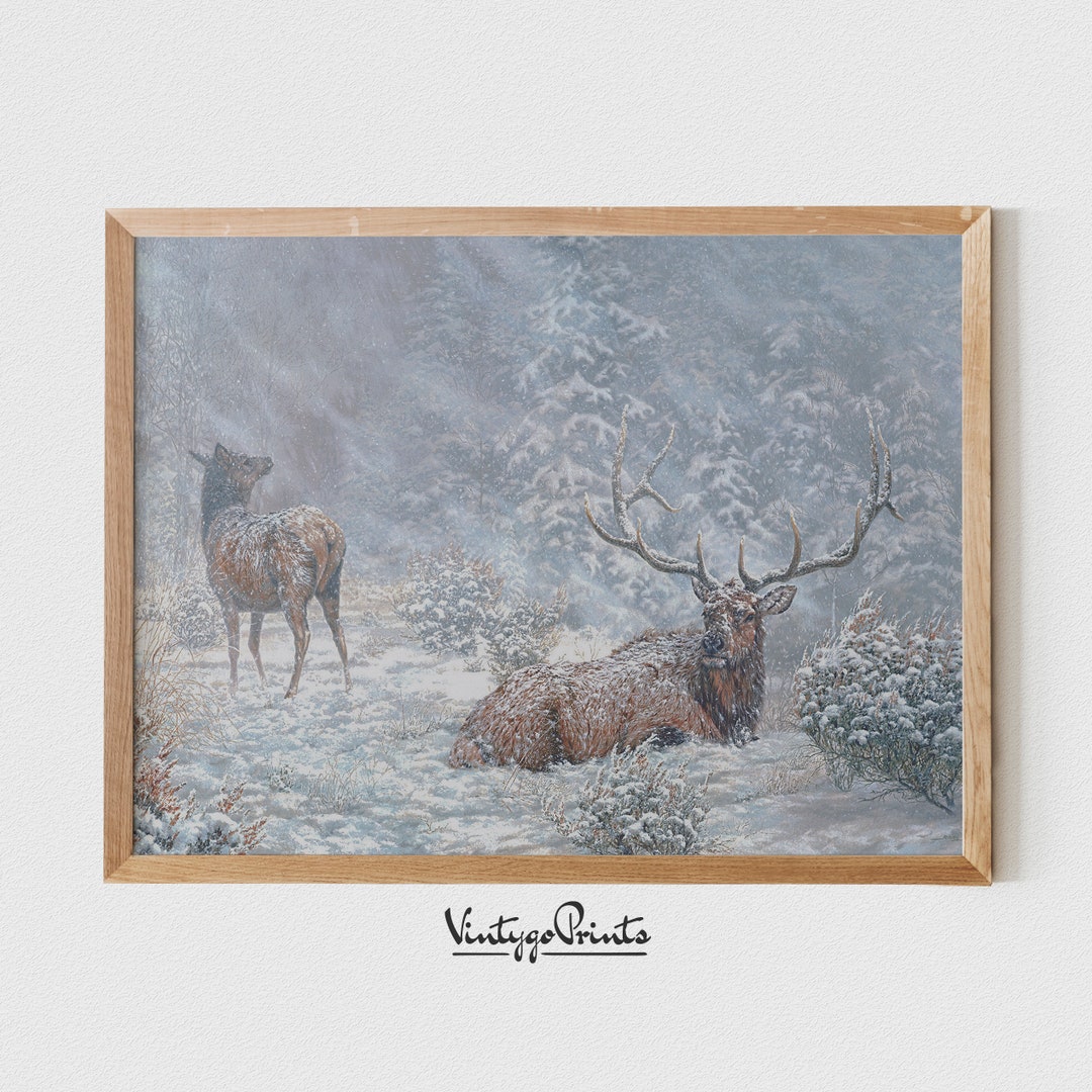 Vintage Deer Oil Painting: Rustic Winter Wildlife Art (printable ...