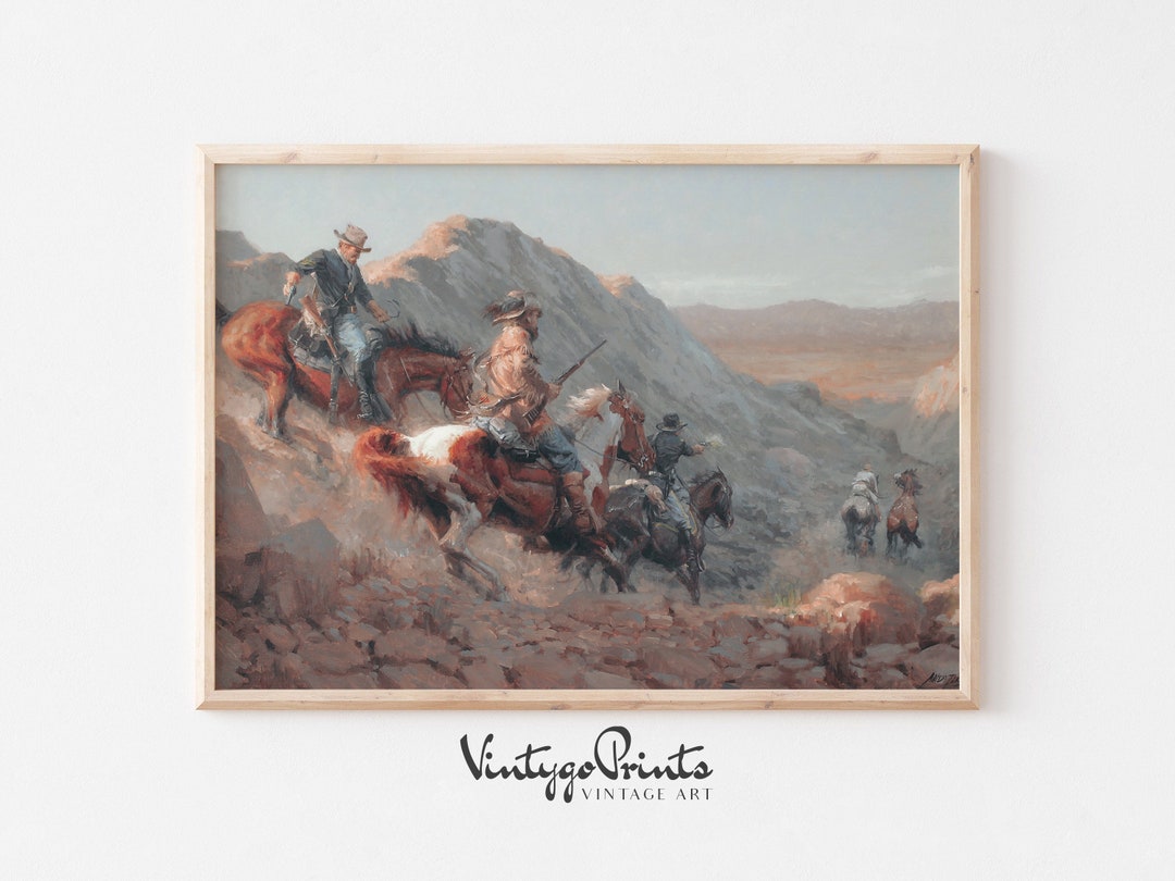 Rustic Cowboy Gang Oil Painting Western Horse Riders Wall - Etsy