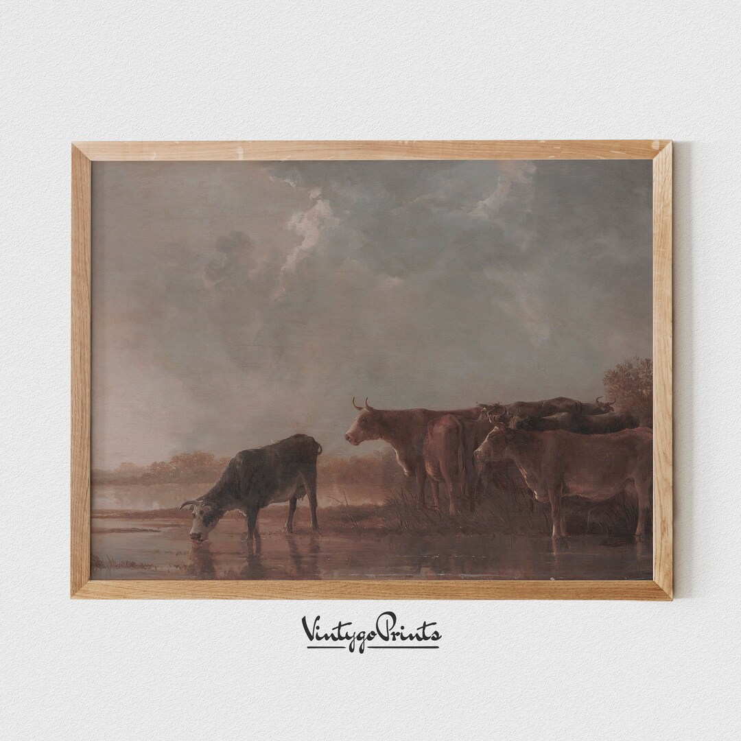 Oxen Drinking Water by the Stream | Nature | Vintage | Animals Oil ...