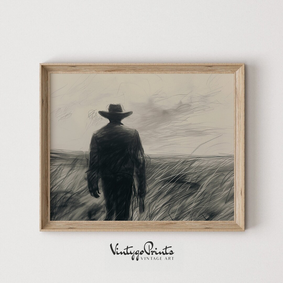 Western Cowboy Sketch Drawing Art | Rustic Southwestern Landscape ...