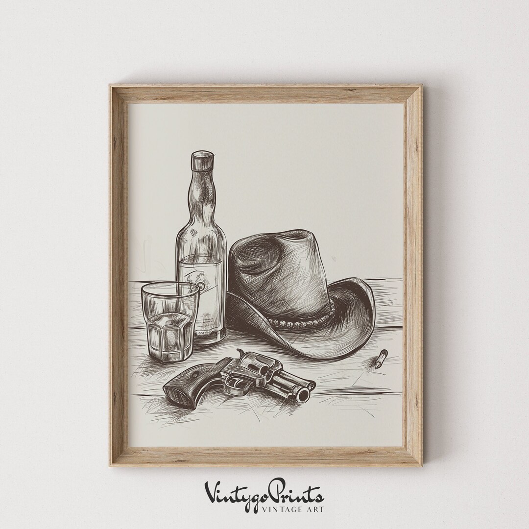 Vintage Cowboy Still Life Sketch | Western Printable Art (digital ...