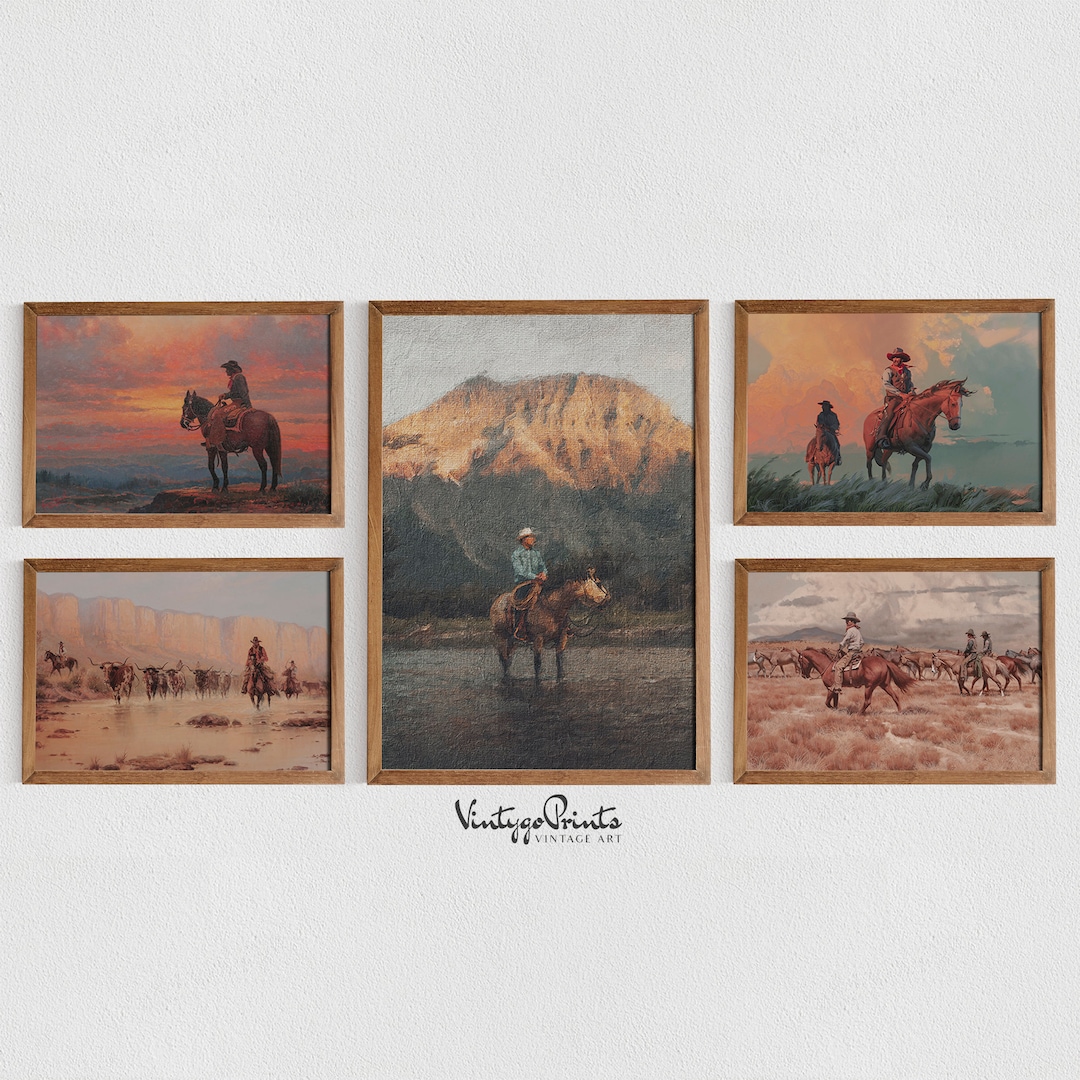 Vintage Cowboy Oil Painting Gallery Set | Western Wall Art | Mid ...
