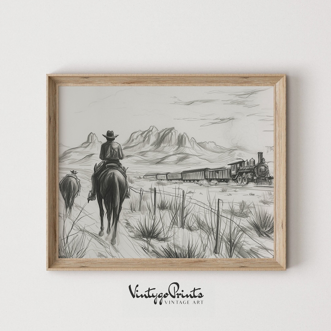 Western Cowboy Line Drawing | Rustic Southwestern Landscape Pencil Art ...