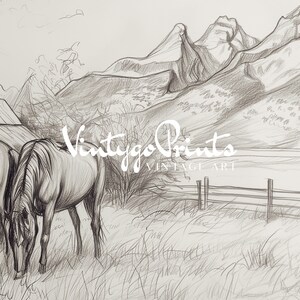 Vintage Farmhouse Sketch Drawing Art | Rustic Landscape Line Drawing ...