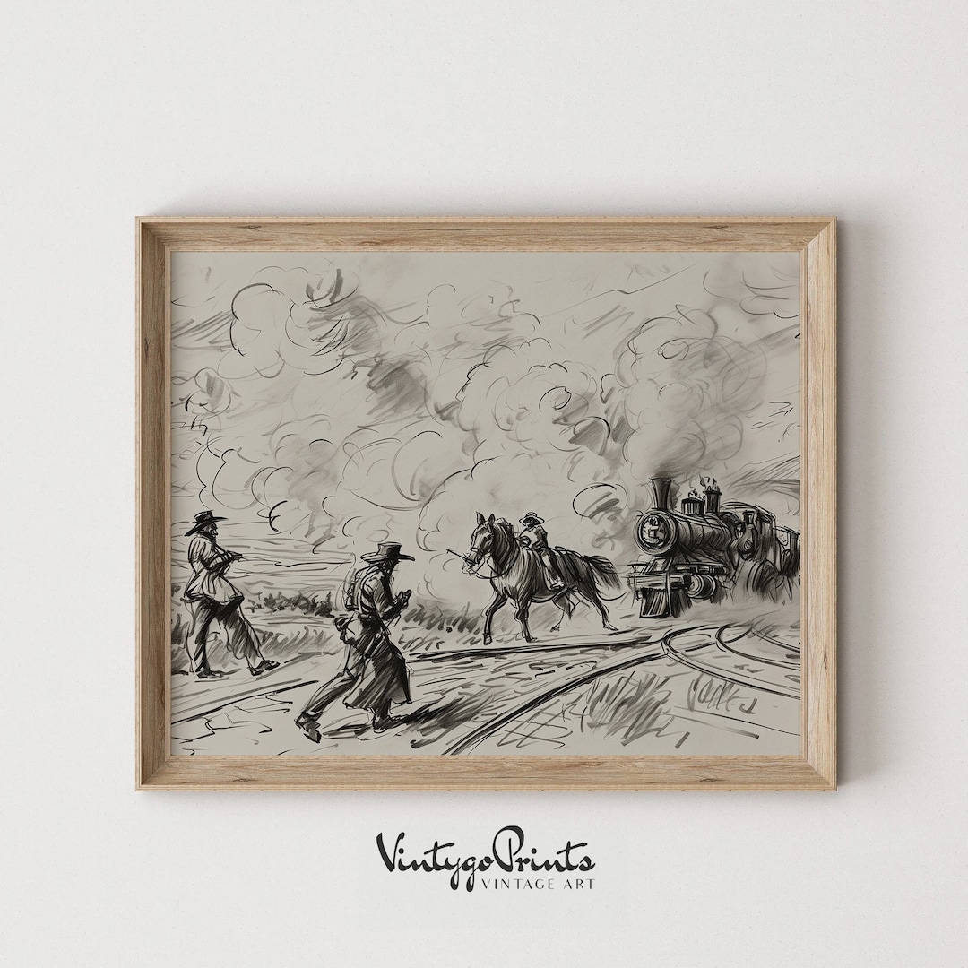 Vintage Cowboy Gang Art Print: Old West Train Sketch (digital Download ...