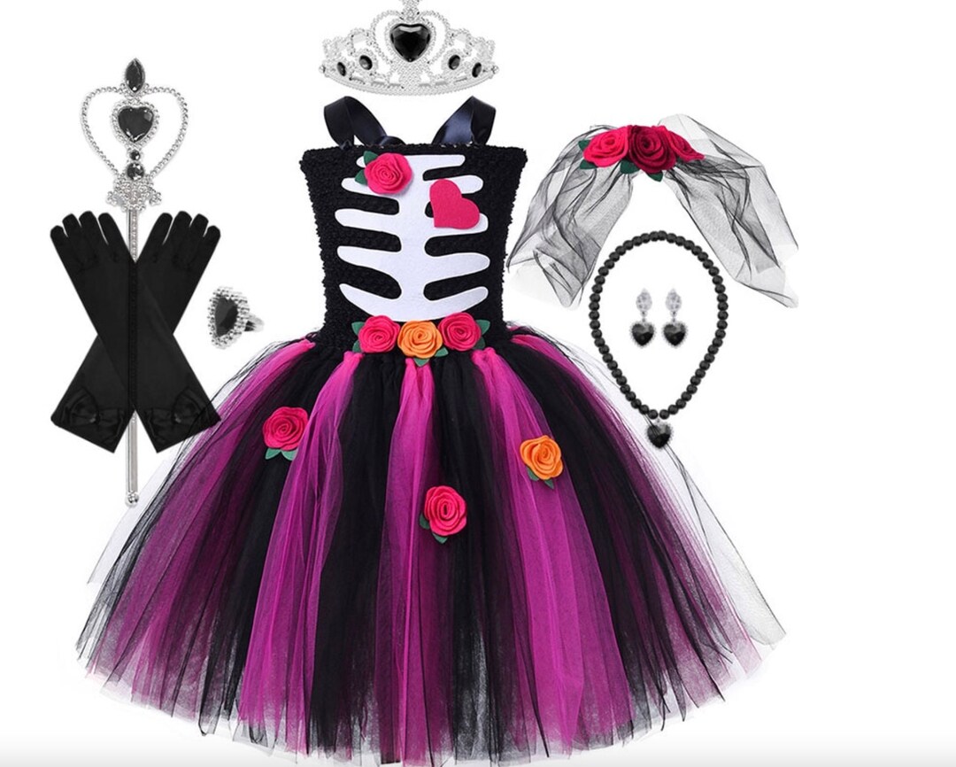 Girls Cosplay Skeleton Emily 8 Piece Costume Set Children's Ghost Bride ...