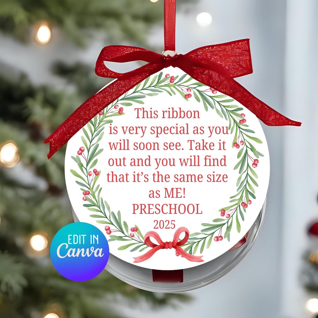 Editable Height Ribbon Ornament Tag: Christmas Keepsake (digital ...