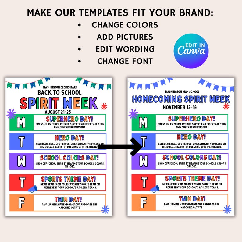 Editable Spirit Week Flyer Templates: School Event Itinerary (canva ...
