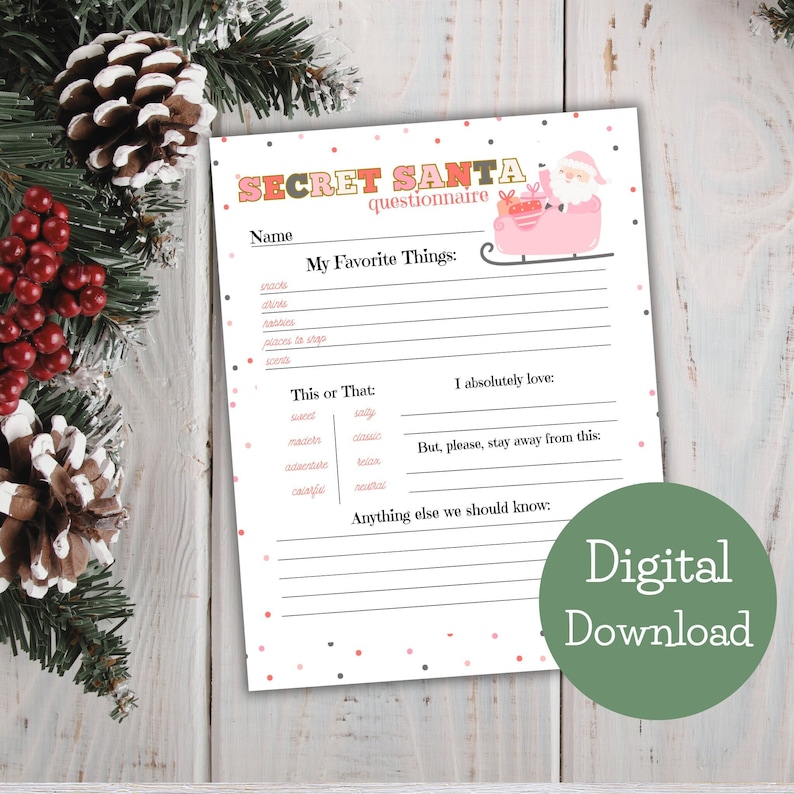 Secret Santa Questionnaire, Fun Gift Exchange (digital Download - Etsy