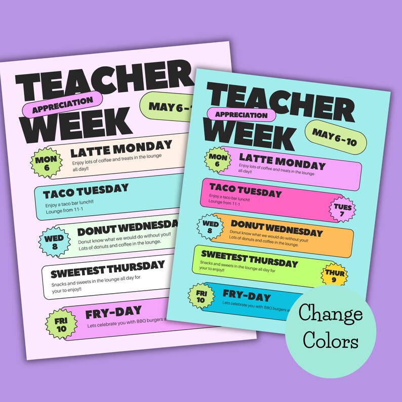 Teacher Appreciation Week Schedule Flyer: Editable Canva Template (8x10 ...