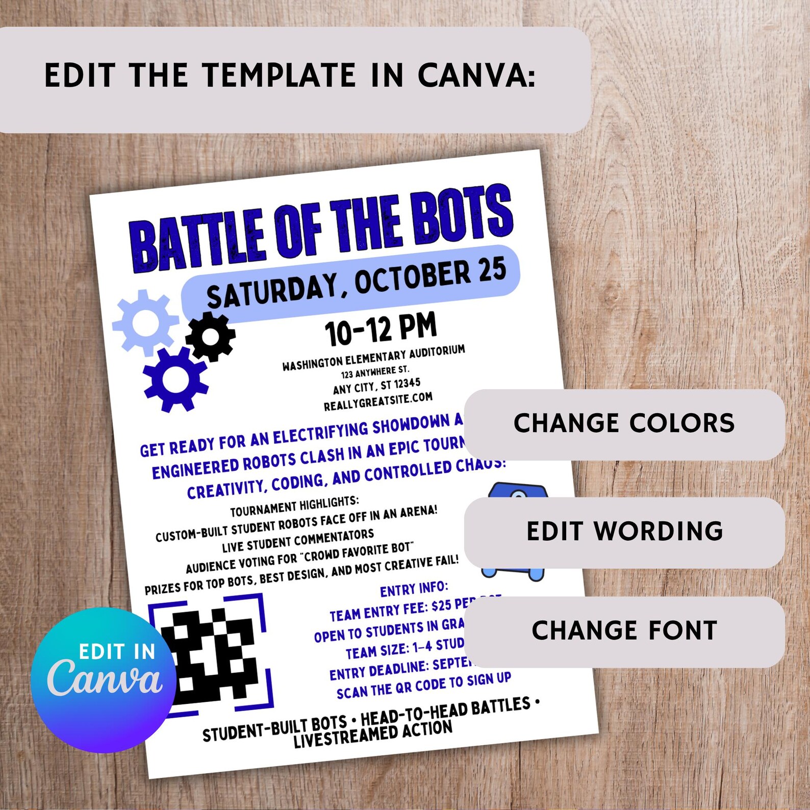 Robot Battle Tournament Flyer: STEM Fundraiser, Editable Canva Template ...
