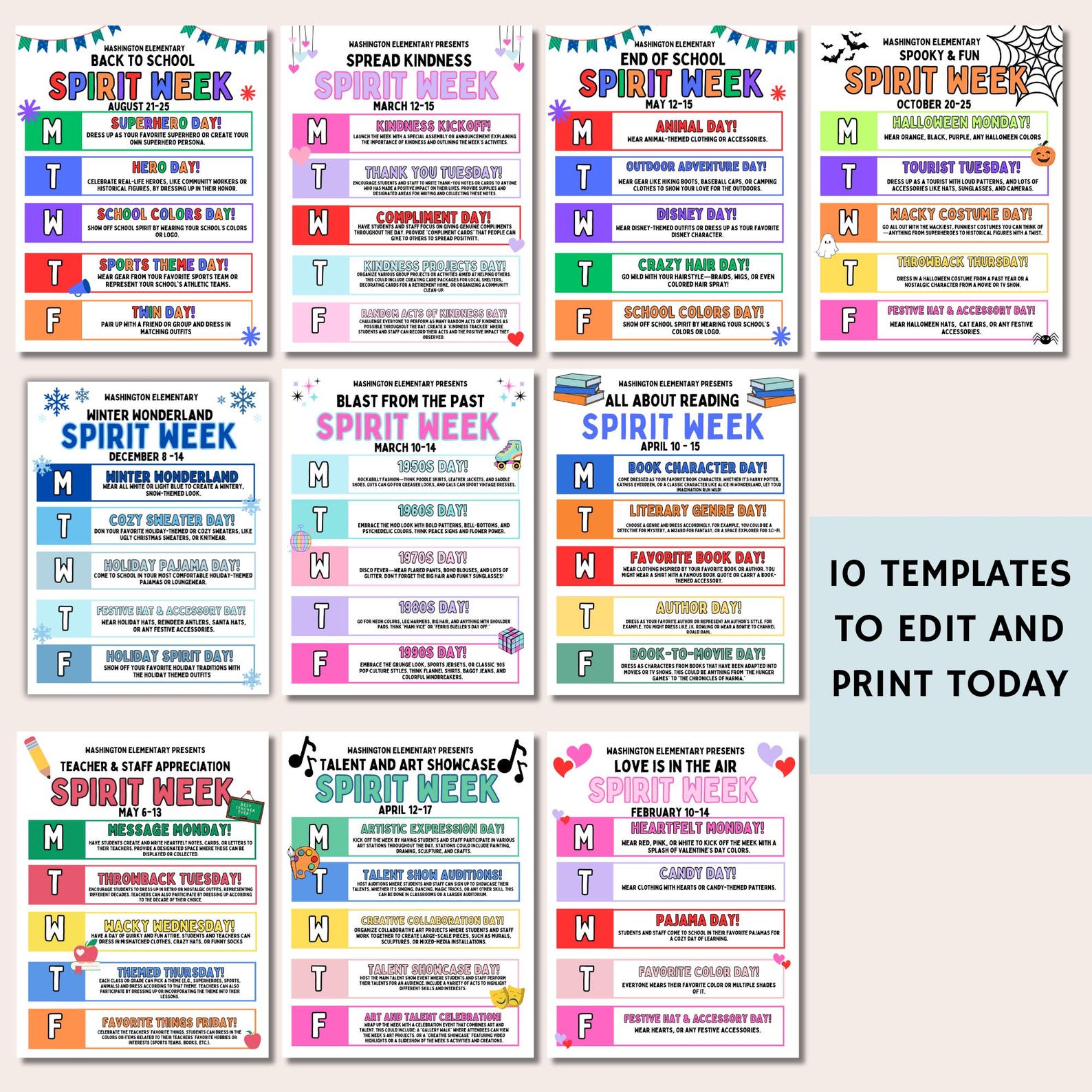 Editable Spirit Week Flyer Templates: School Events (canva Digital ...