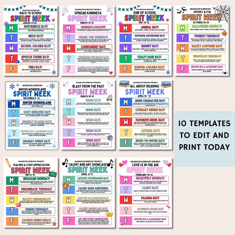 Editable Spirit Week Flyer Templates: School Events (canva Digital ...