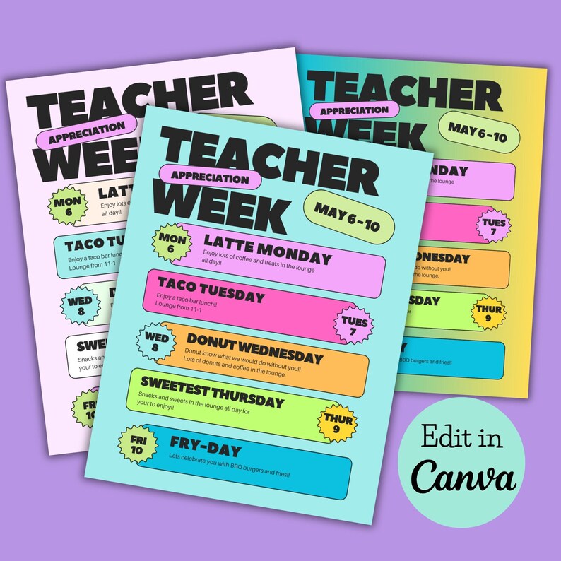 Teacher Appreciation Week Schedule Flyer: Editable Canva Template (8x10 ...