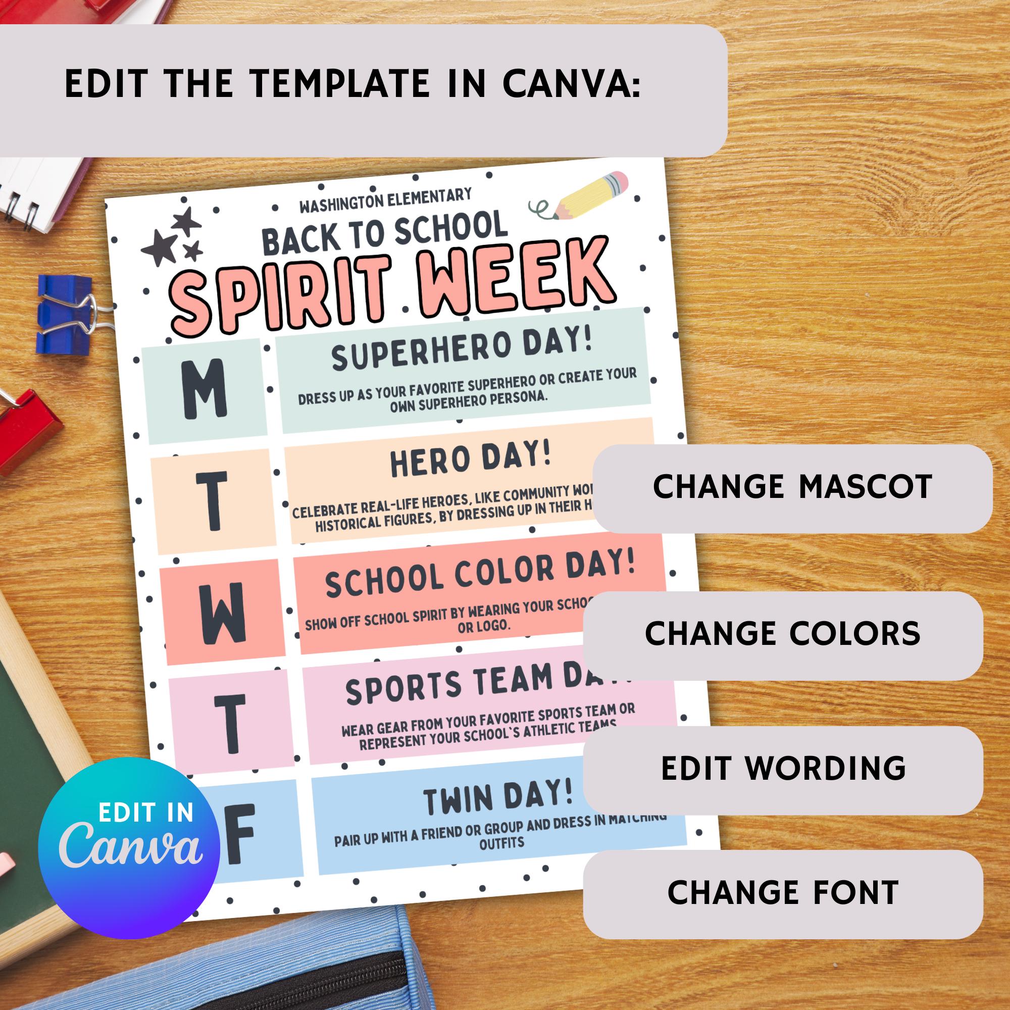 Editable School Spirit Week Flyer Templates: Canva Bundle (digital ...
