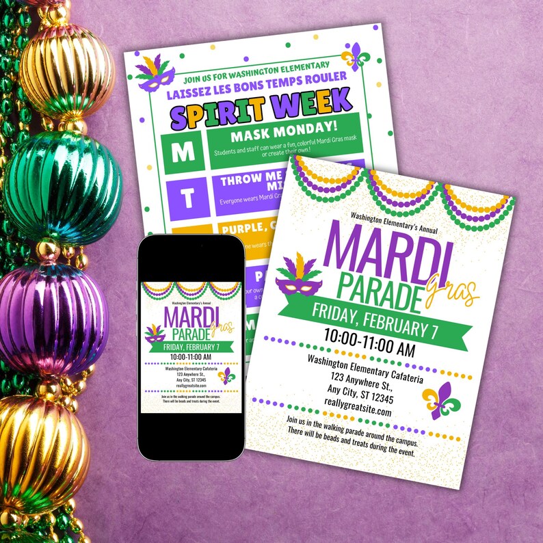Mardi Gras Spirit Week & Parade Flyer: Editable Canva Template (8.5x11 ...