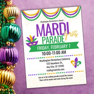 Mardi Gras Spirit Week & Parade Flyer: Editable Canva Template (8.5x11 ...