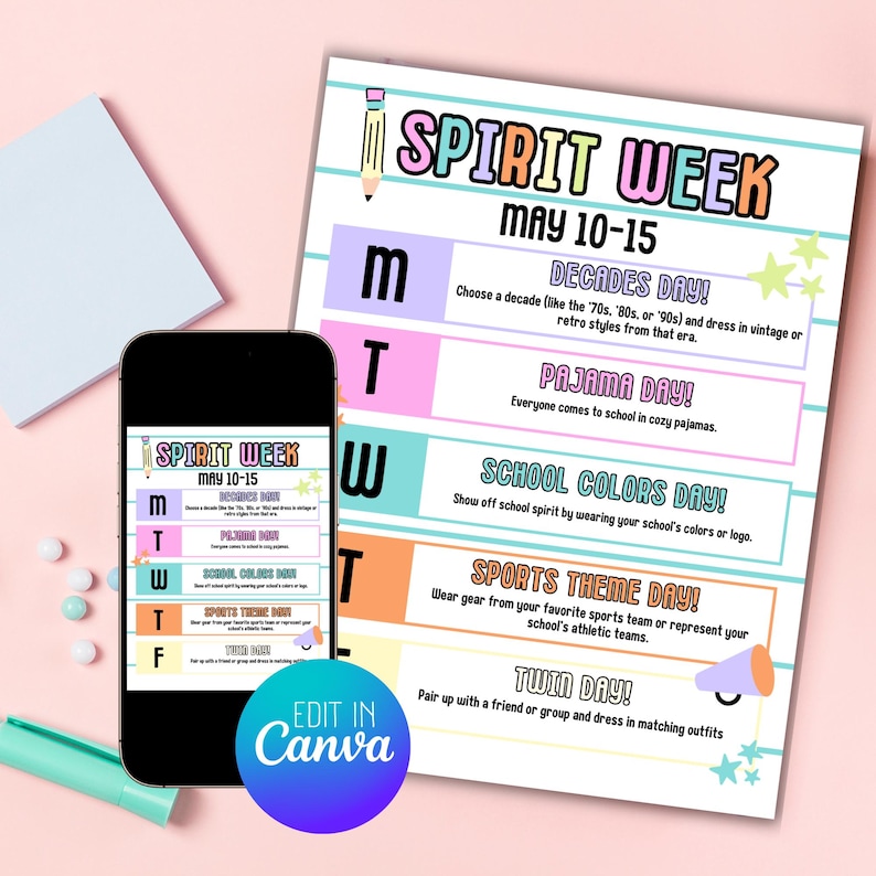 Editable Spirit Week Flyer Template: School Event Itinerary (canva ...