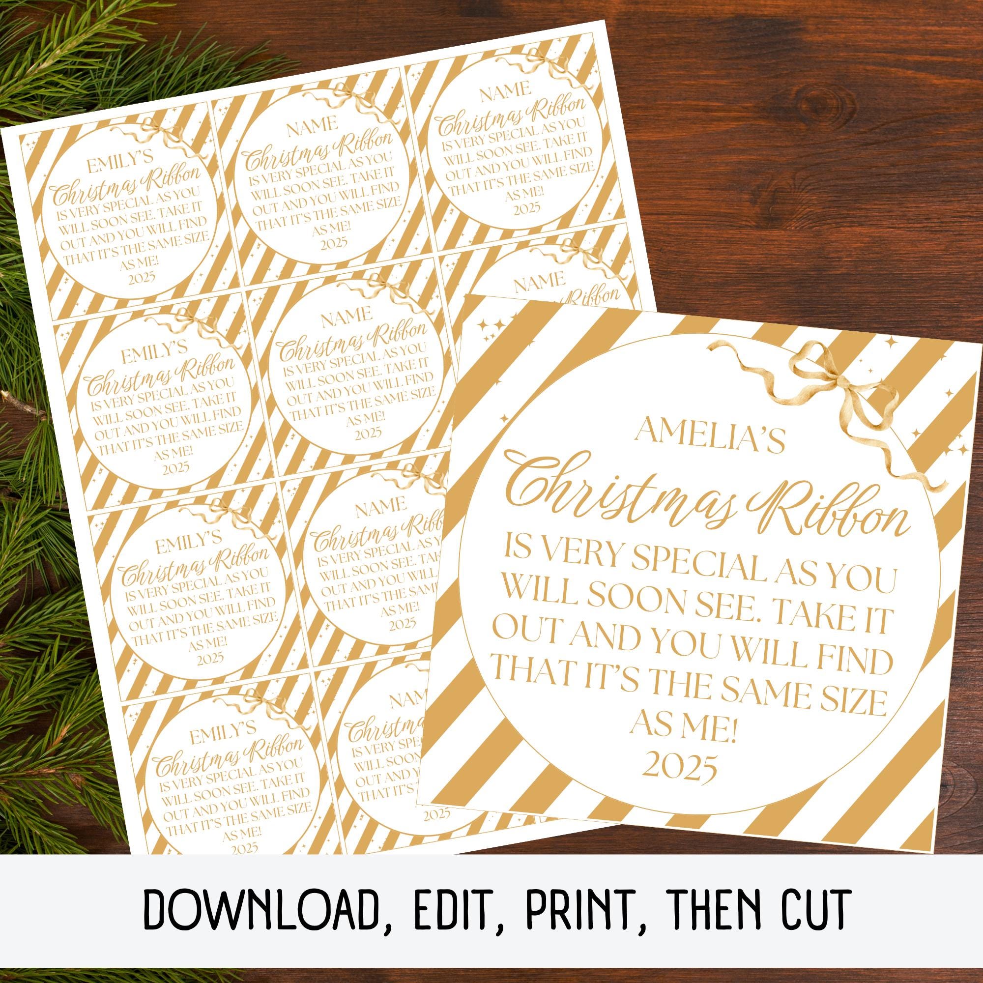 Christmas Ribbon Height Ornament Tag: Keepsake Gift (canva Editable ...
