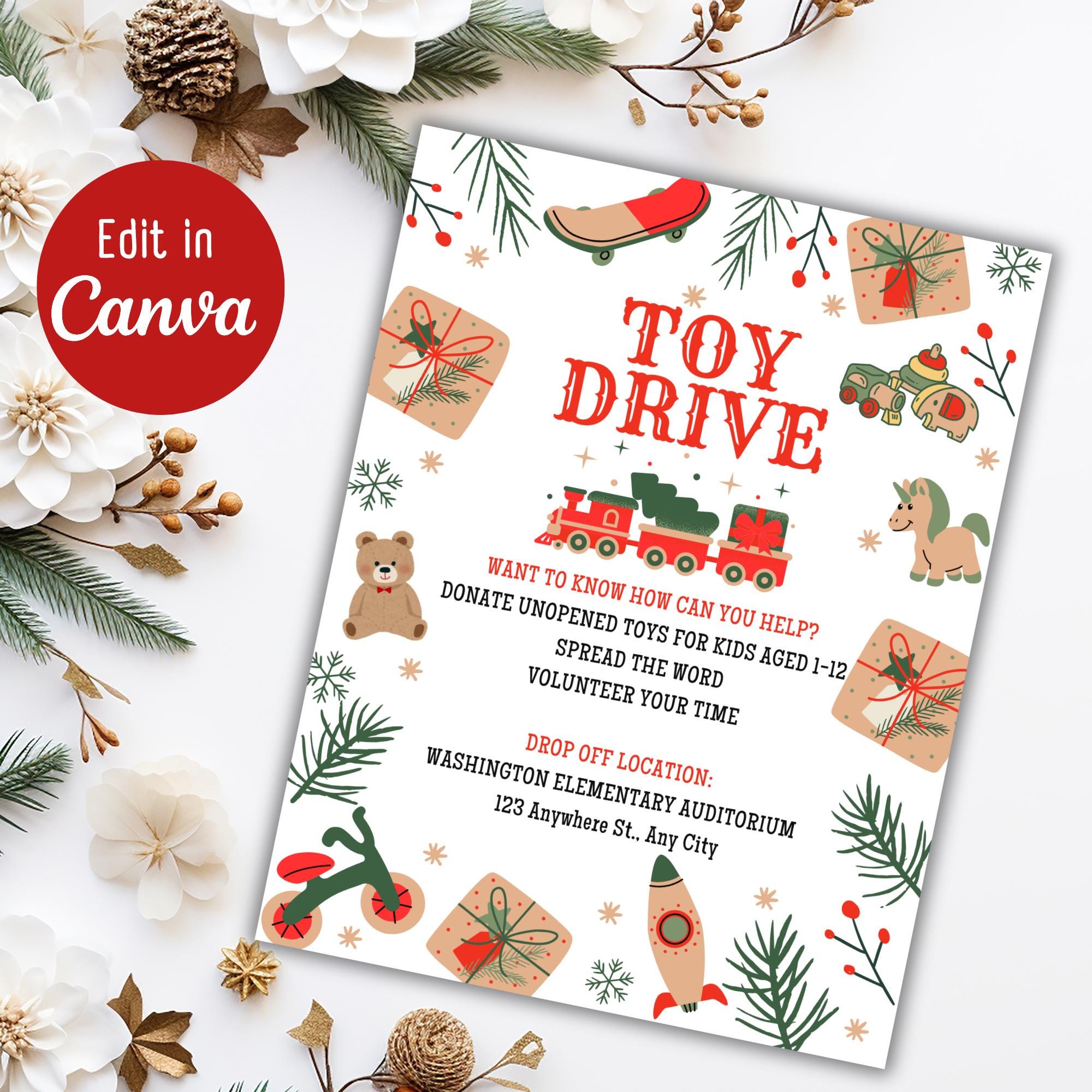 Editable Toy Drive Flyer Templates: Christmas Charity Event (canva ...
