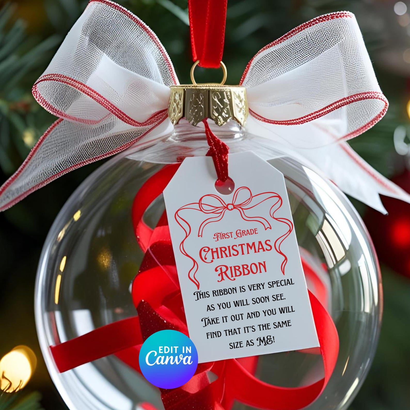 Editable Christmas Ornament Tag: Ribbon Height Keepsake (canva Template ...
