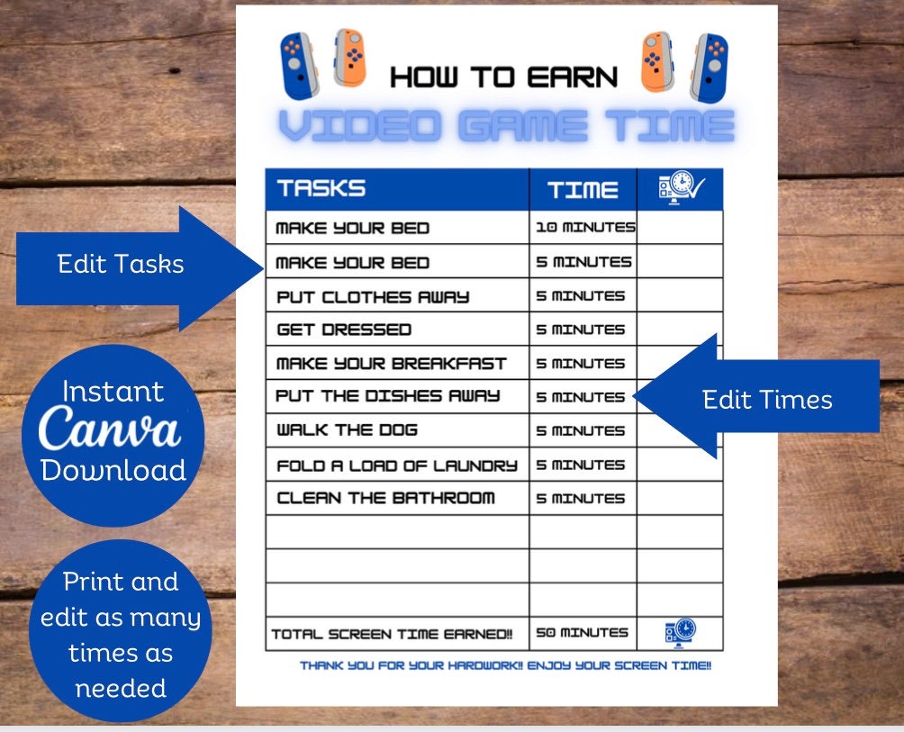 Editable Video Game Time Chart: Screen Time Checklist (canva Template ...