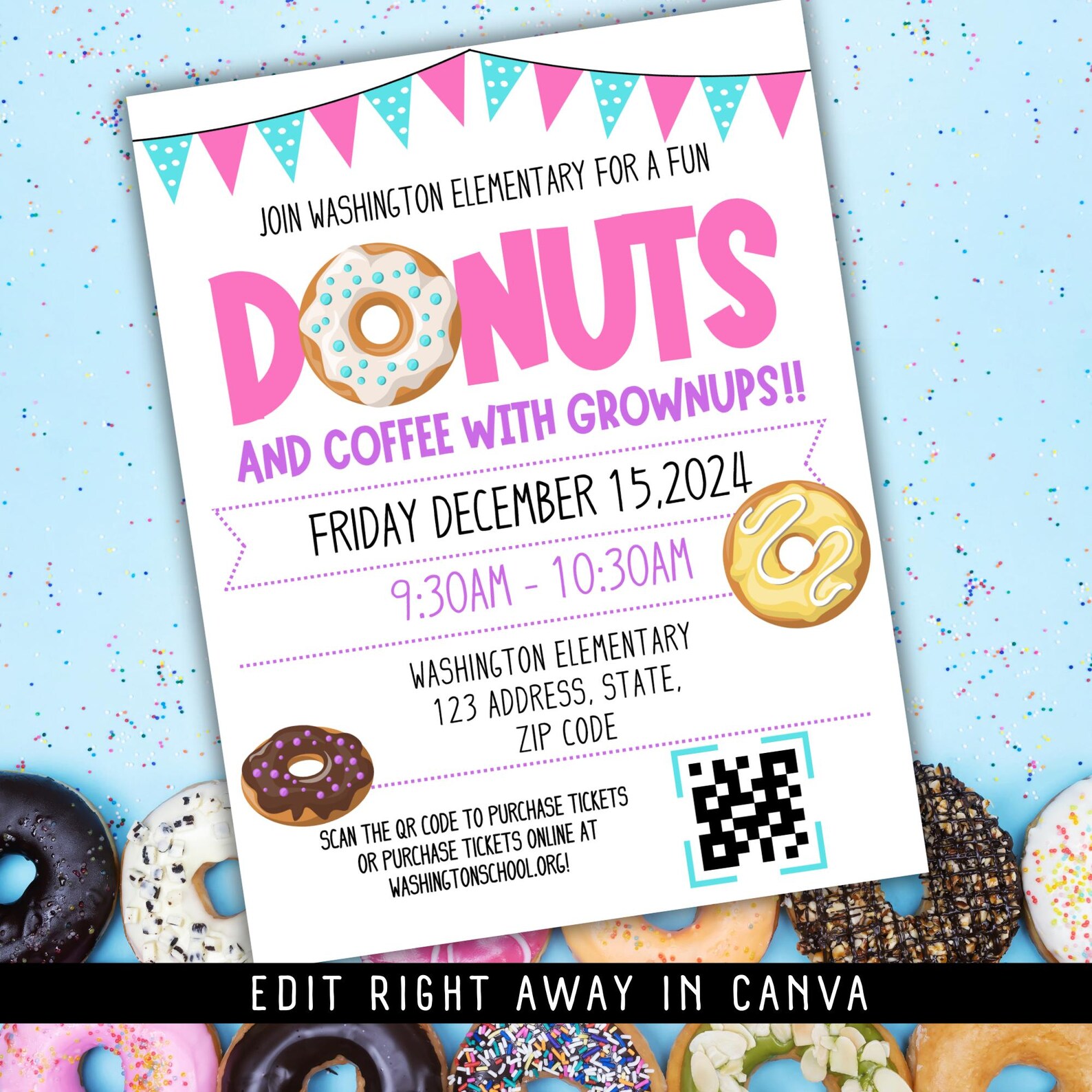 Donuts With Grownups Flyer: Editable Canva Template (digital Download ...
